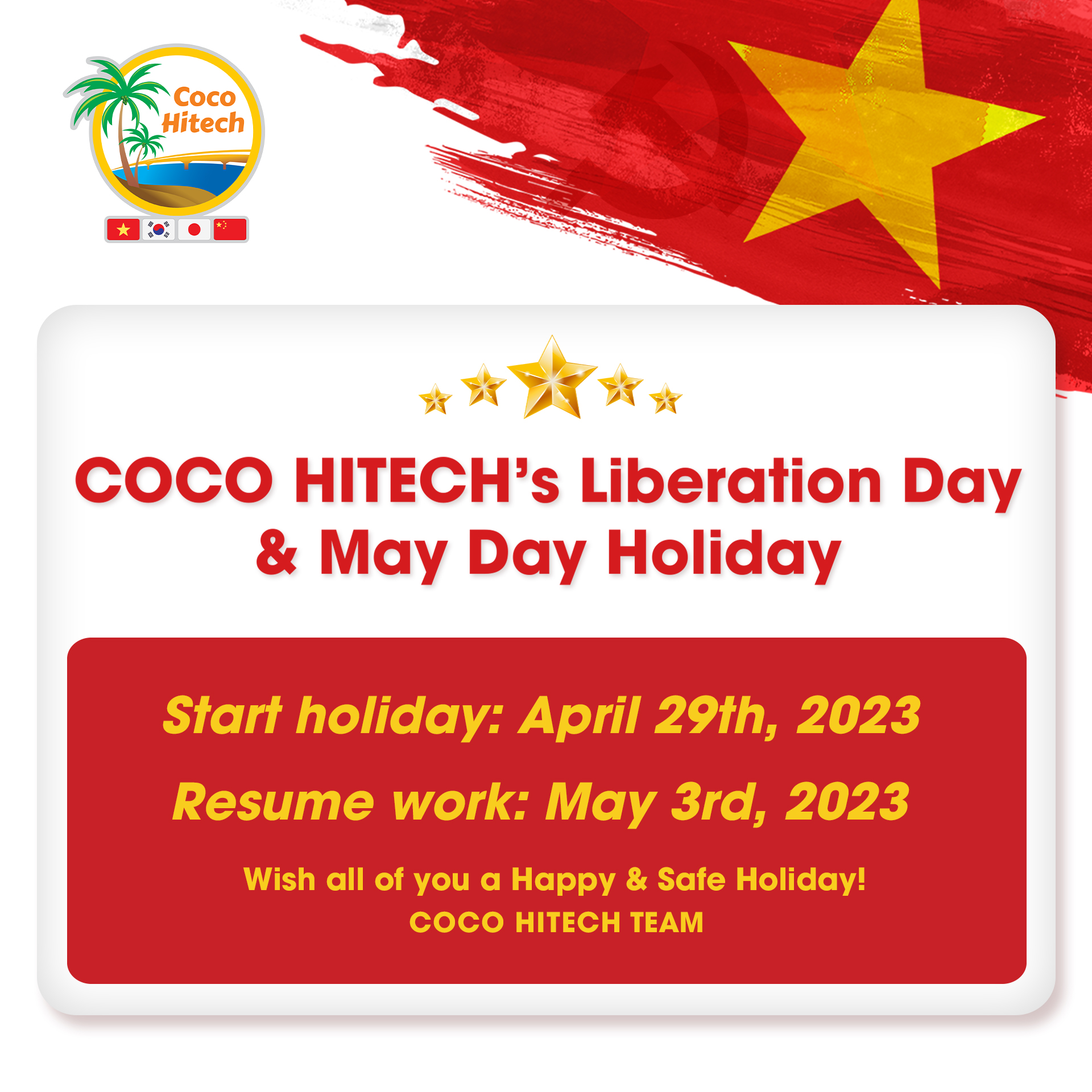 COCO HITECH'S LIBERATION DAY & MAYDAY HOLIDAY 2023 - COCO HITECH