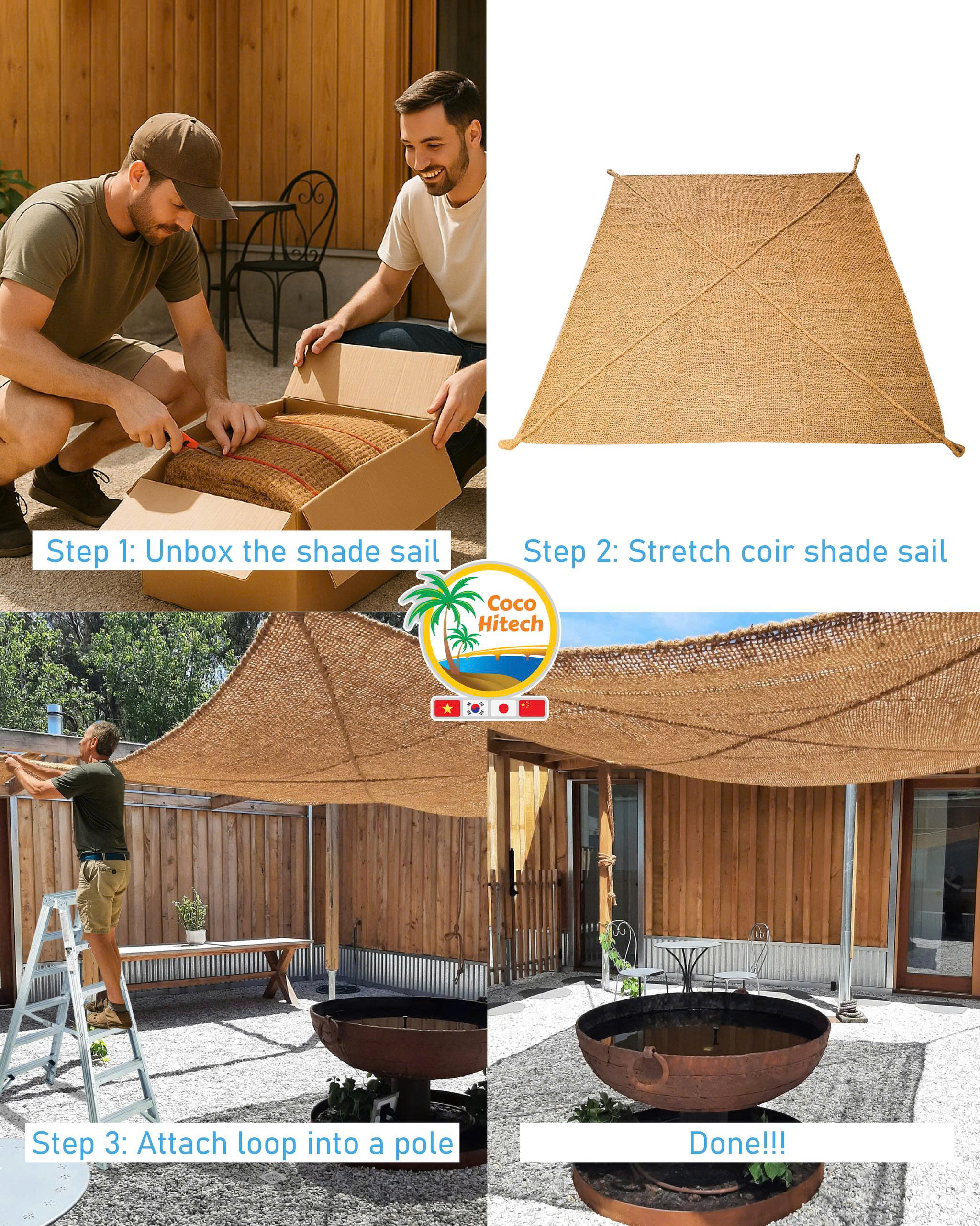 HOW TO INSTALL COCONUT COIR SHADE SAIL? - COCO HITECH